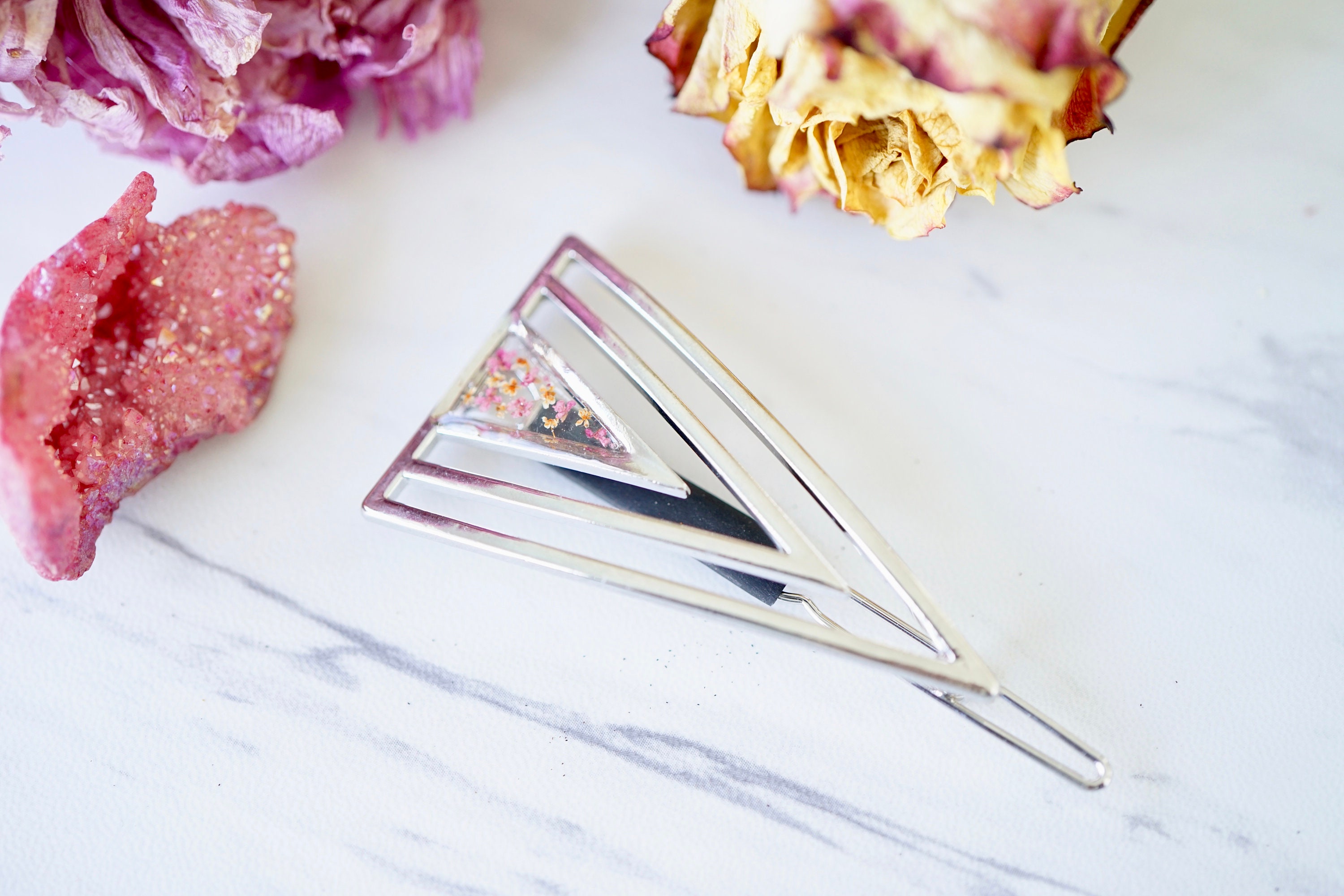 Real Pressed Flowers in Resin Silver Hair Clip in Pink | Etsy