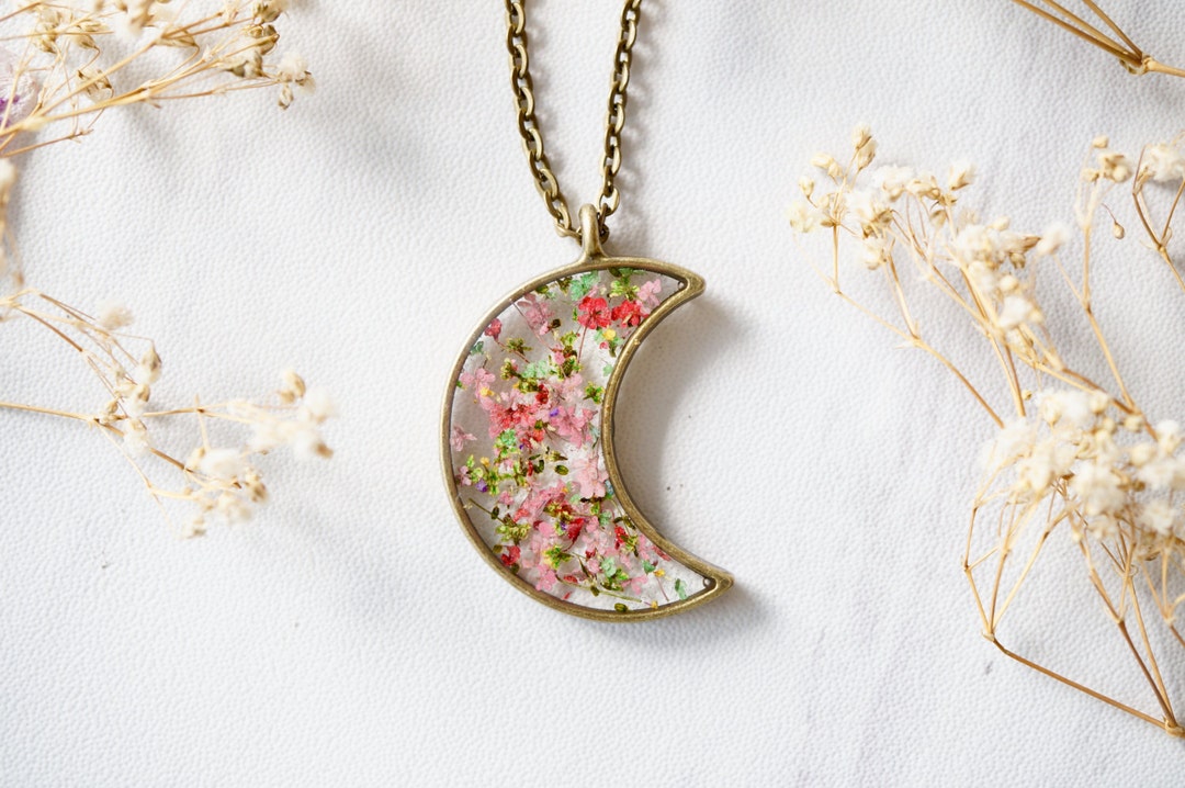 Real Pressed Flower and Resin Celestial Moon Necklace in Greens and ...