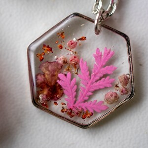 Real Pressed Flowers in Resin Necklace, Silver Hexagon With Flower and ...