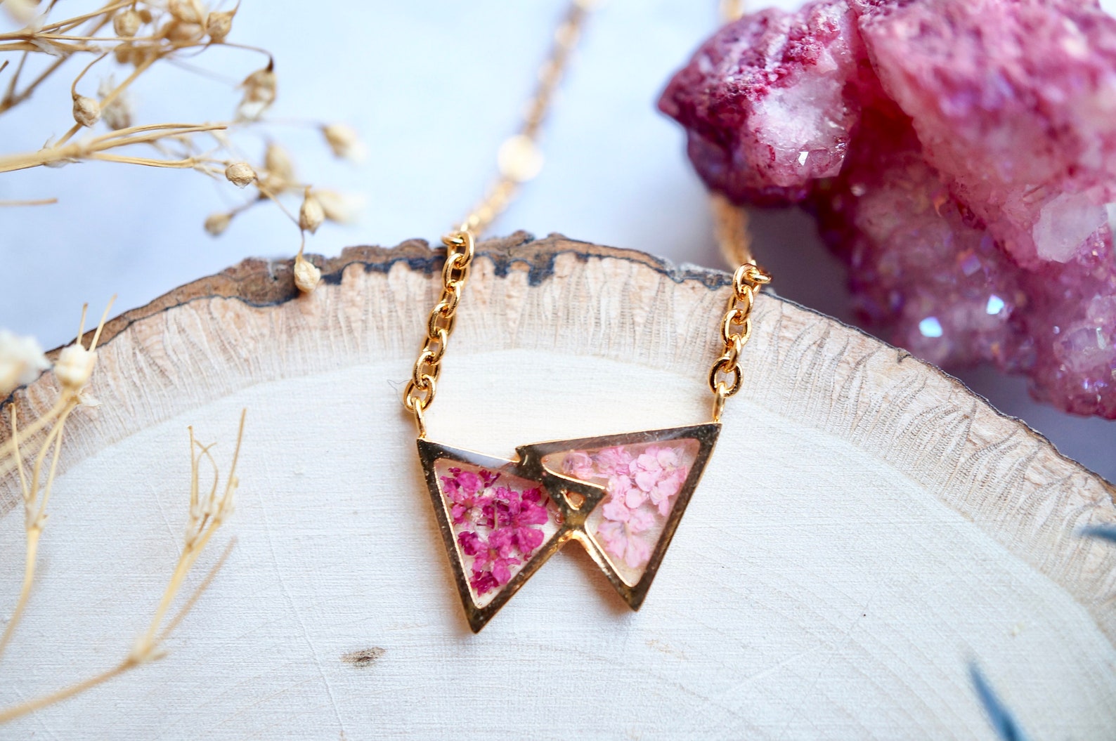 Real Pressed Flowers in Resin Gold Triangles in Magenta and | Etsy