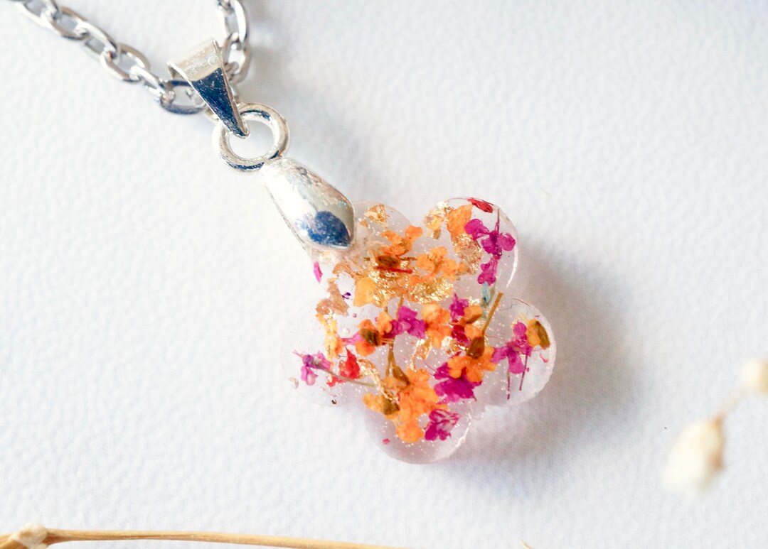 Real Pressed Flowers in Moon Resin Necklace in Magenta Orange and Gold ...