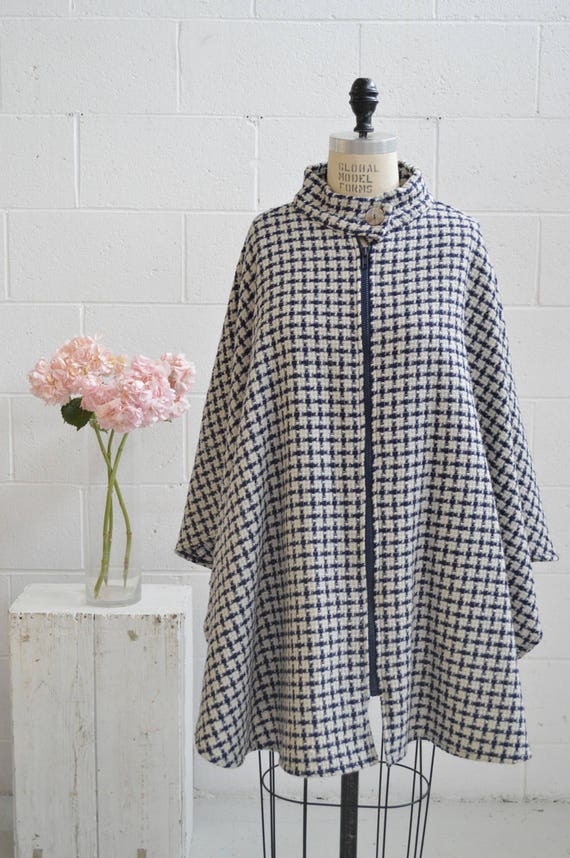 navy blue & grey checkered cape coat - Gem
