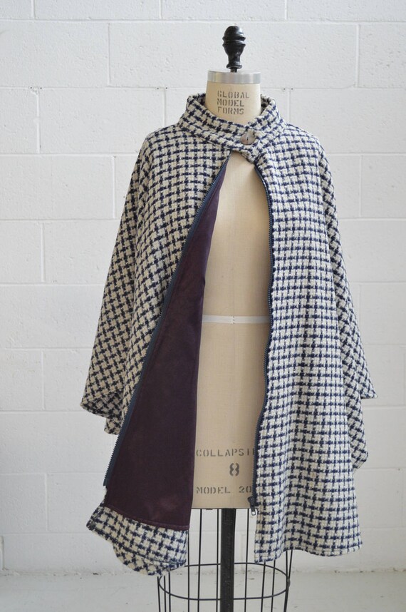 navy blue & grey checkered cape coat - Gem