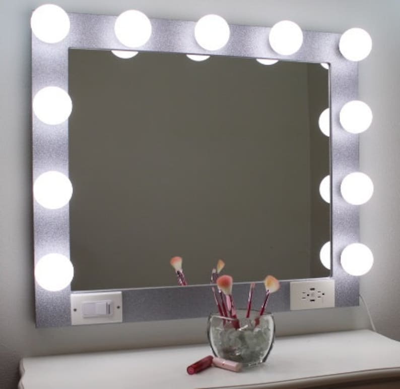 Silver Glitter Vanity Mirror With Lights 32 X 28 Made in the - Etsy