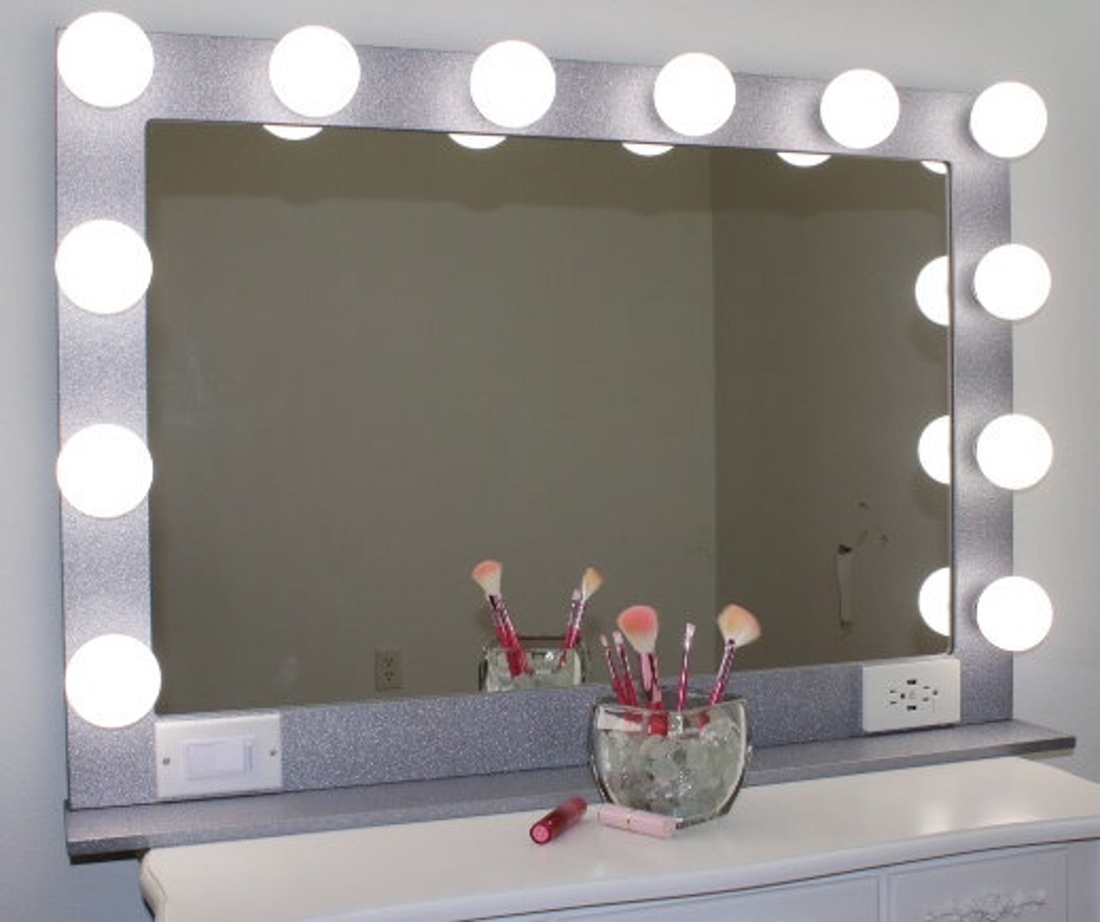 Silver Glitter Vanity Mirror With Lights 40 X 28 Made in the - Etsy