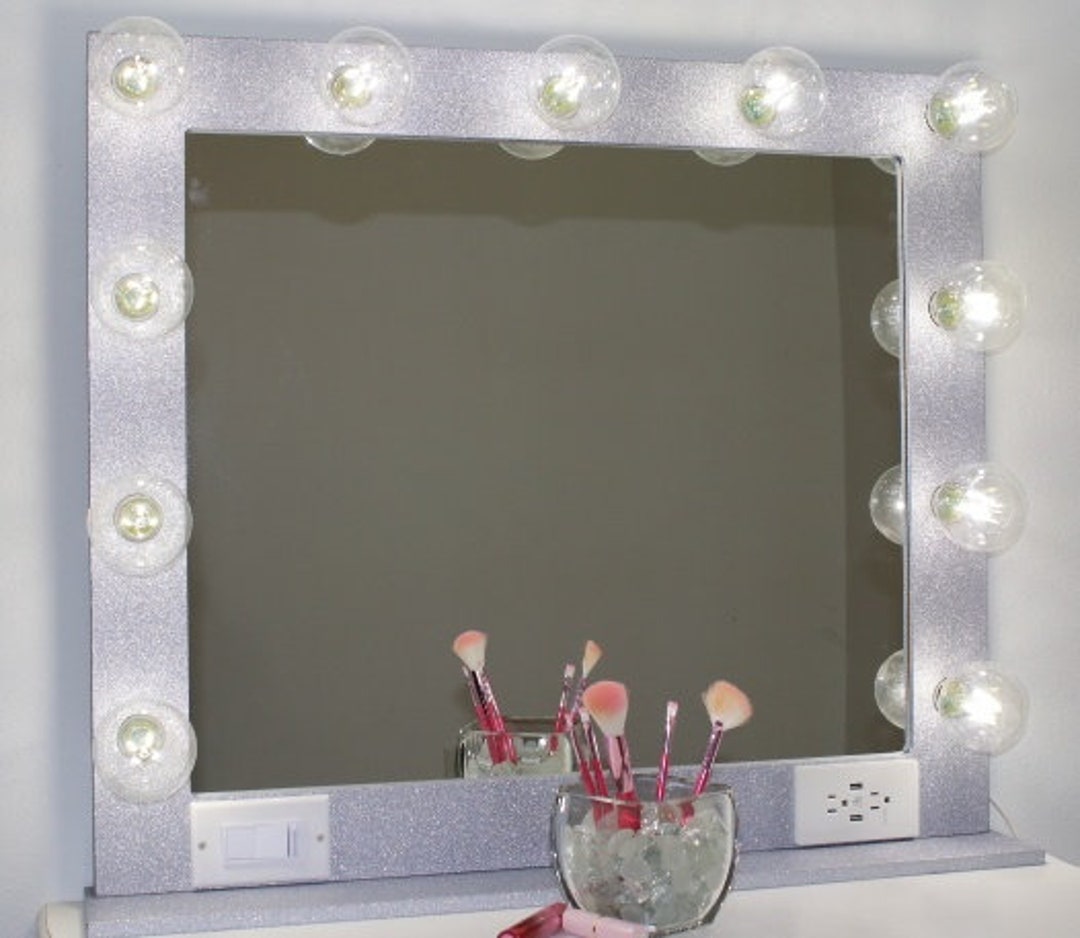 Silver Glitter Vanity Mirror With Lights 32 X 28 Made in the USA - Etsy