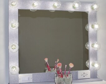 Silver Glitter Vanity Mirror With Lights 40 X 28 Made in the | Etsy