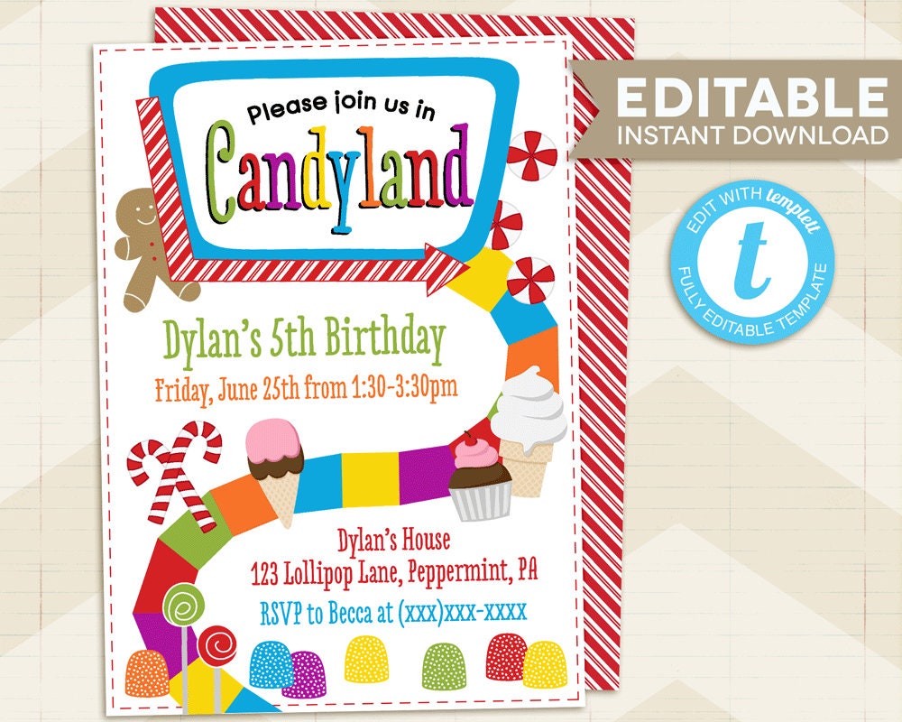CANDYLAND Invitation, Candyland Party Invitation, Candyland Editable ...