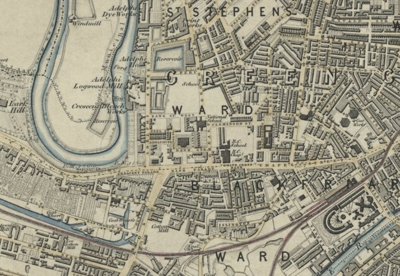 1845 Map Scan - Manchester, England, UK - High-resolution Scan of the ...