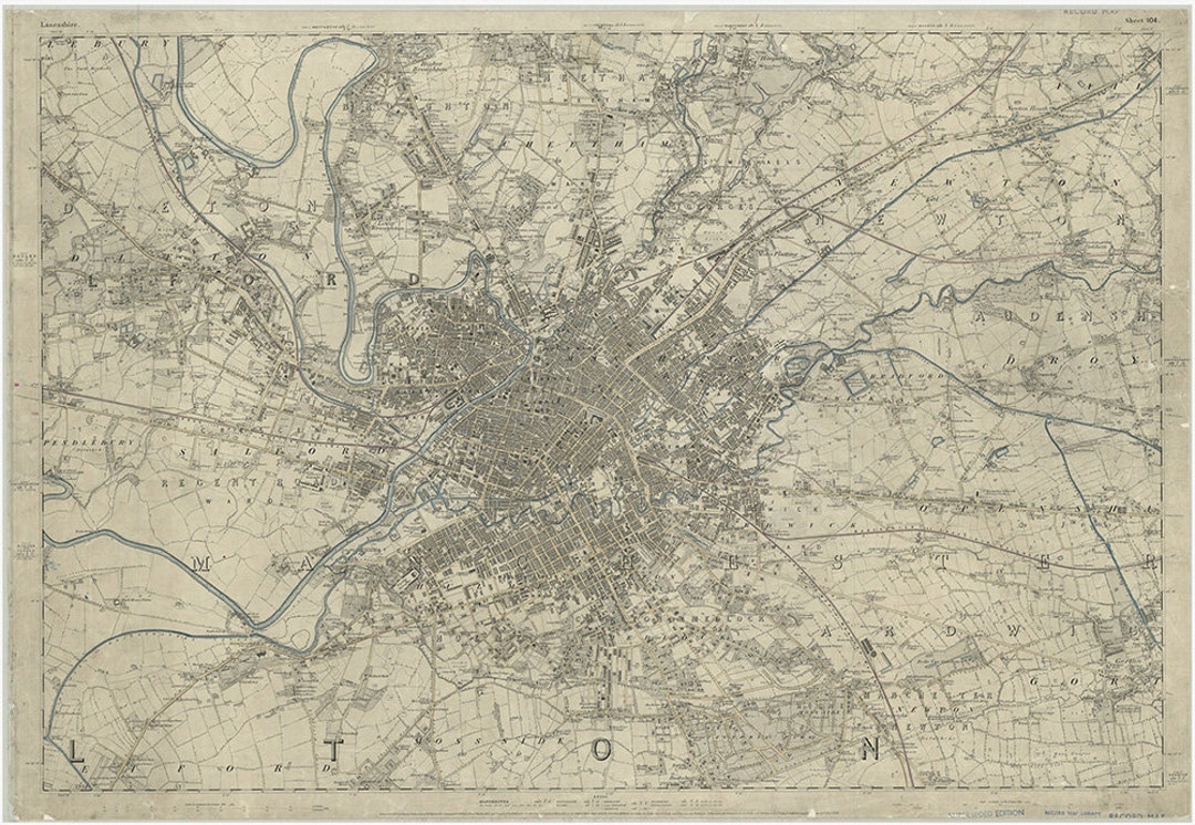 1845 Map Scan - Manchester, England, UK - High-resolution Scan of the ...