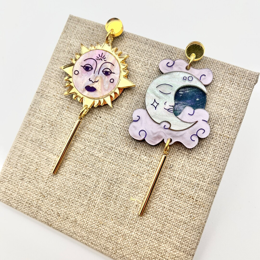 The Lovers Sun and Moon Mixed Material Earrings - Etsy