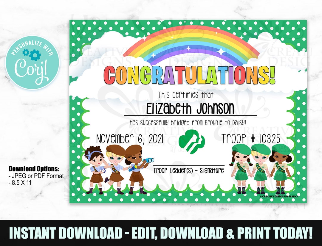 Girl Scout Bridging Ceremony Certificate Brownies to Juniors - INSTANT ...