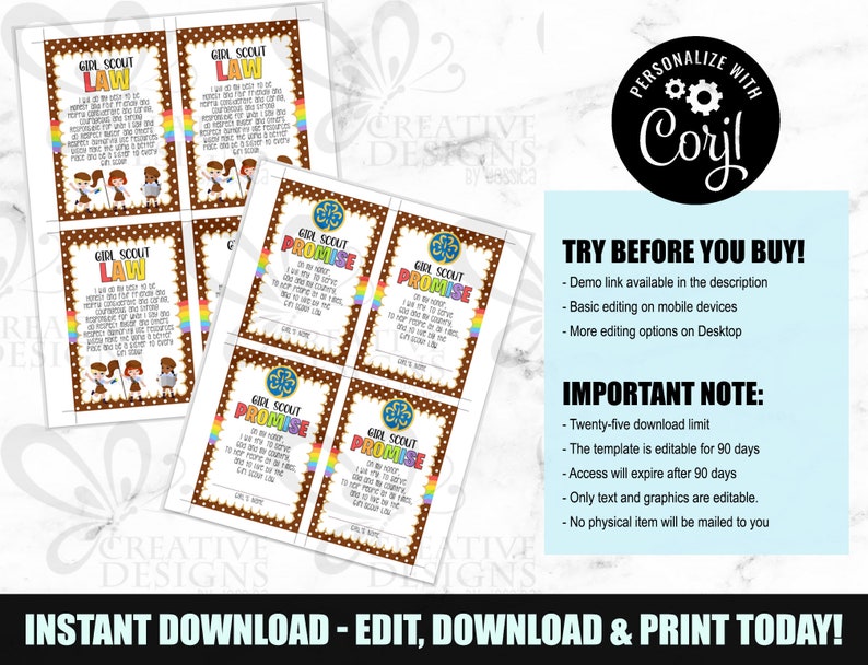 Girl Scout Brownie Promise & Law - INSTANT DOWNLOAD - Editable File - Etsy