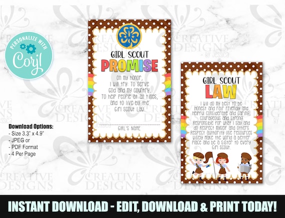 Girl Scout Brownie Promise & Law INSTANT DOWNLOAD Editable - Etsy
