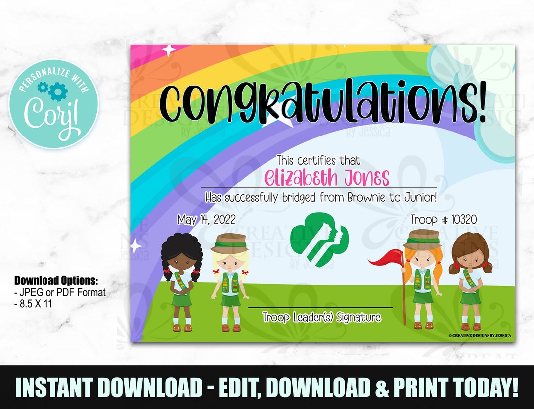 Girl Scout Bridging Ceremony Certificate - INSTANT DOWNLOAD - Editable ...