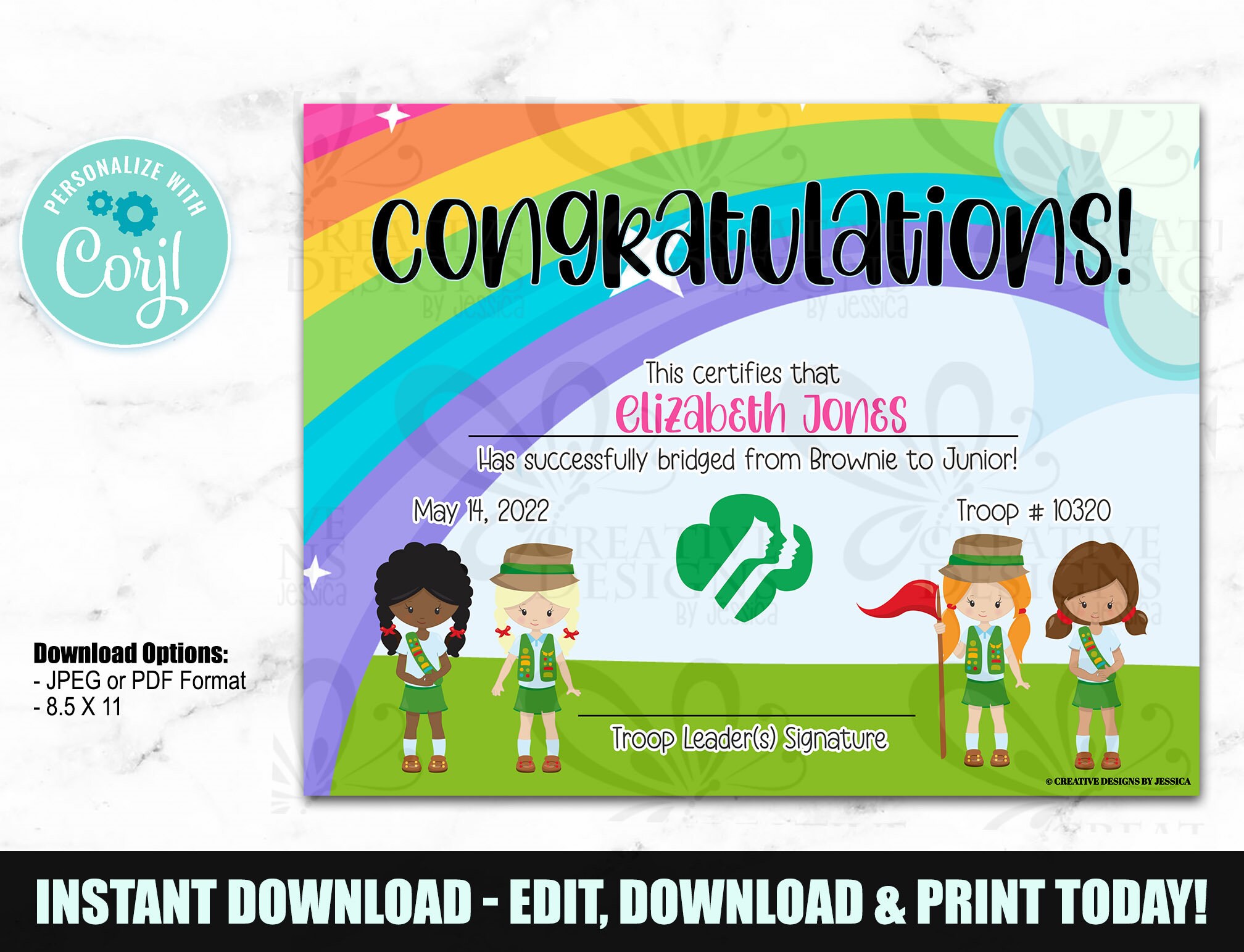 Girl Scout Bridging Ceremony Certificate - INSTANT DOWNLOAD - Editable ...