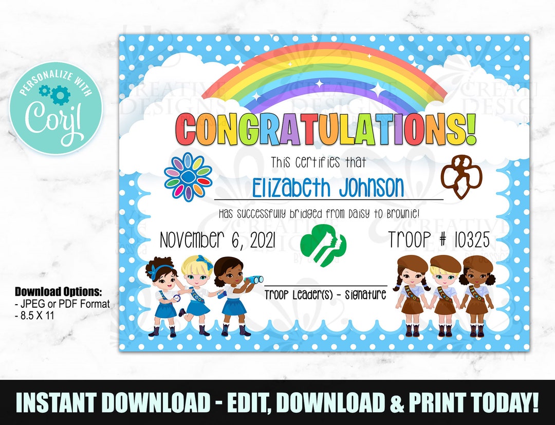 Girl Scout Bridging Ceremony Certificate - INSTANT DOWNLOAD - Editable ...