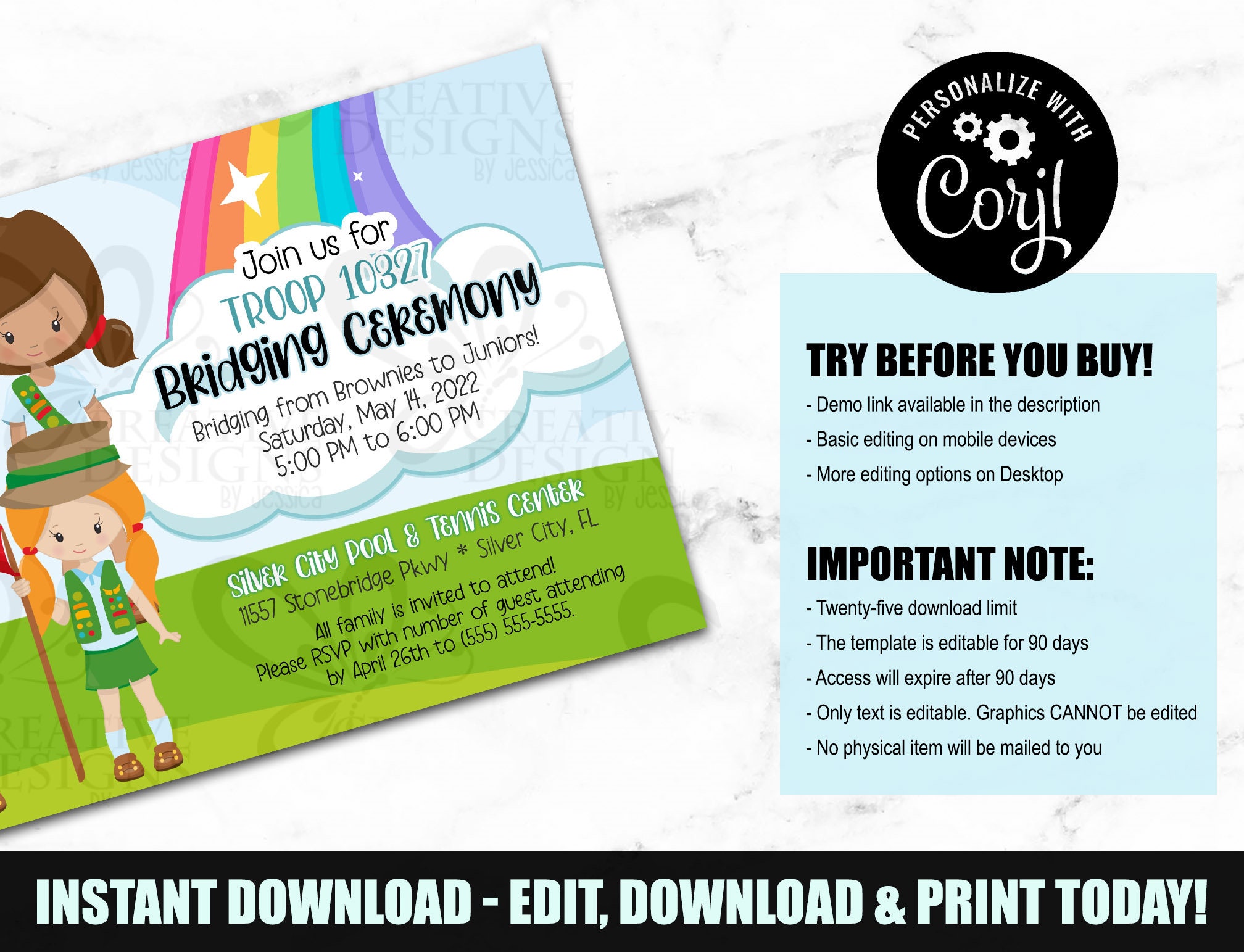 Girl Scout Bridging Ceremony Invitation- INSTANT DOWNLOAD - Editable ...