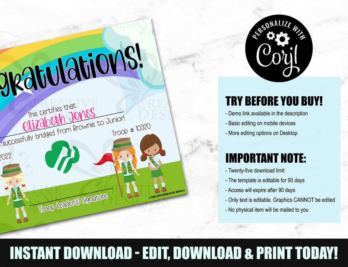 Girl Scout Bridging Ceremony Certificate - INSTANT DOWNLOAD - Editable ...