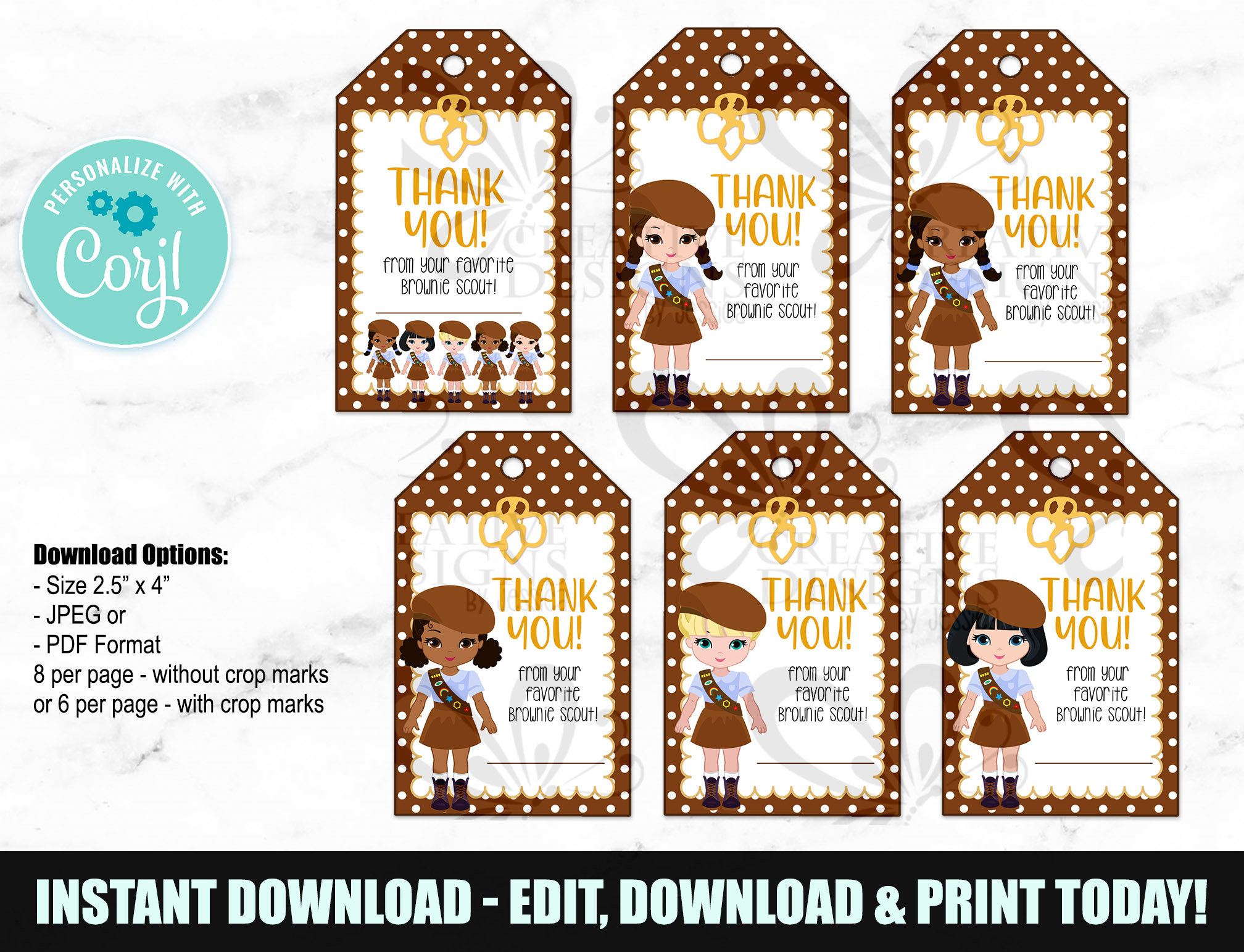 Girl Scout Brownies Thank You Tags - INSTANT DOWNLOAD - Editable File ...