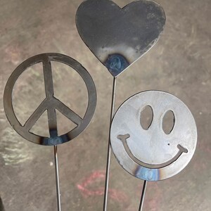Peace Love & Happiness Whimsy Metal Garden Stakes Yard Art Raw Metal ...