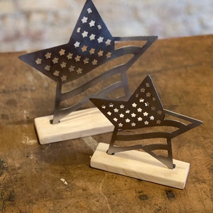Set of 2 Patriotic Stars & Stripes Wire Brushed Metal Star Stands ...