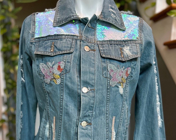 Colorful Roses on Tull on a Med Blue Denim Jacket. Embellished Denim ...