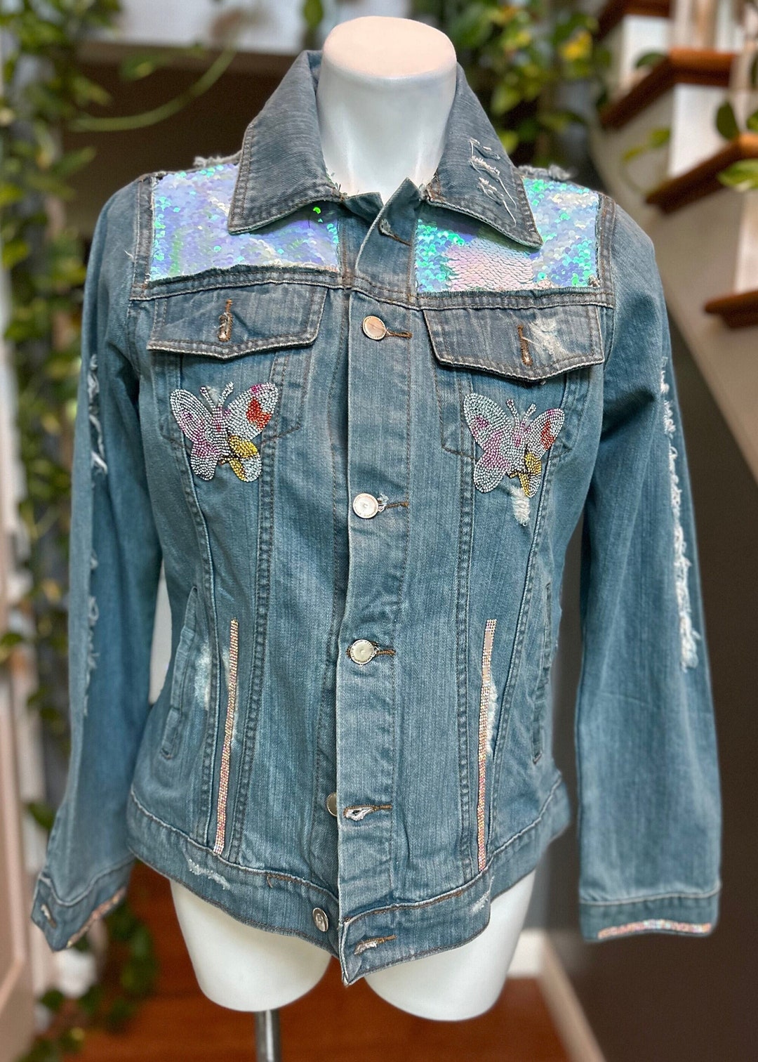 One of a Kind Sequin and Rhinestone Embellished Jean Jacket - Etsy