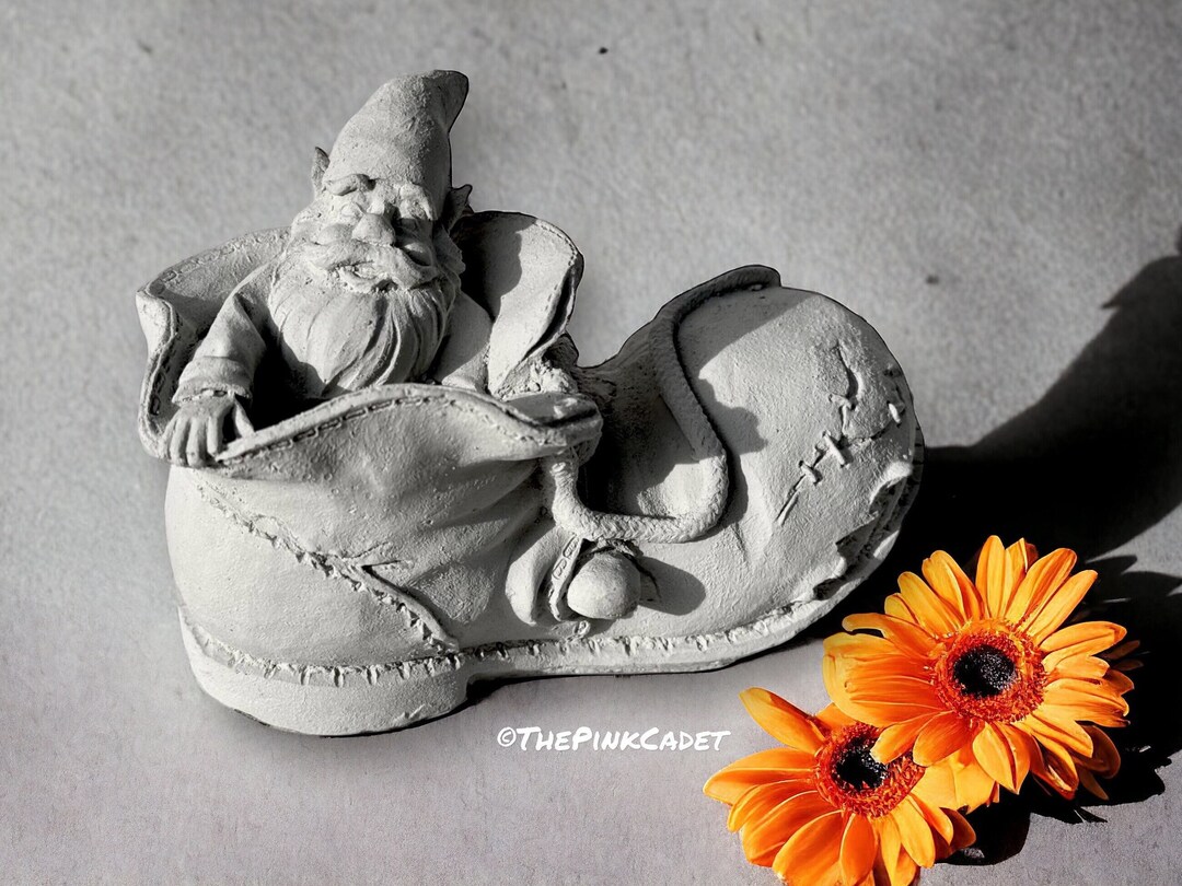 3.5 Garden Gnome in Old Boot Statue, Handcrafted Concrete Statue for ...
