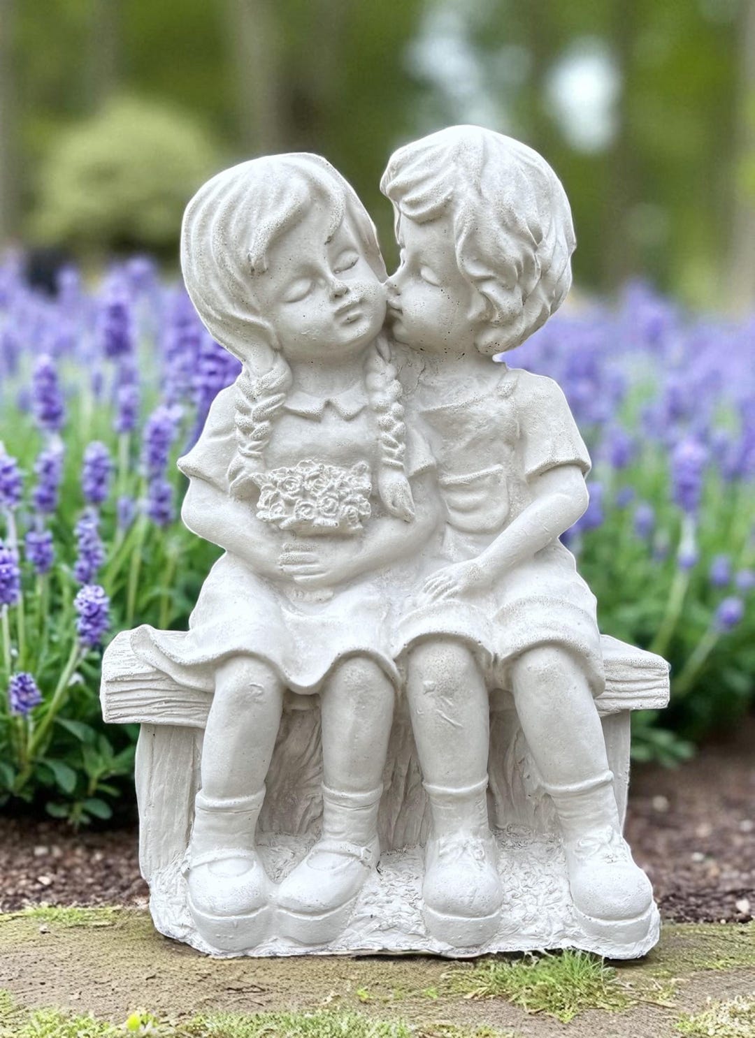 Handmade Concrete Boy and Girl Statue: Rustic Garden Bench Decor ...
