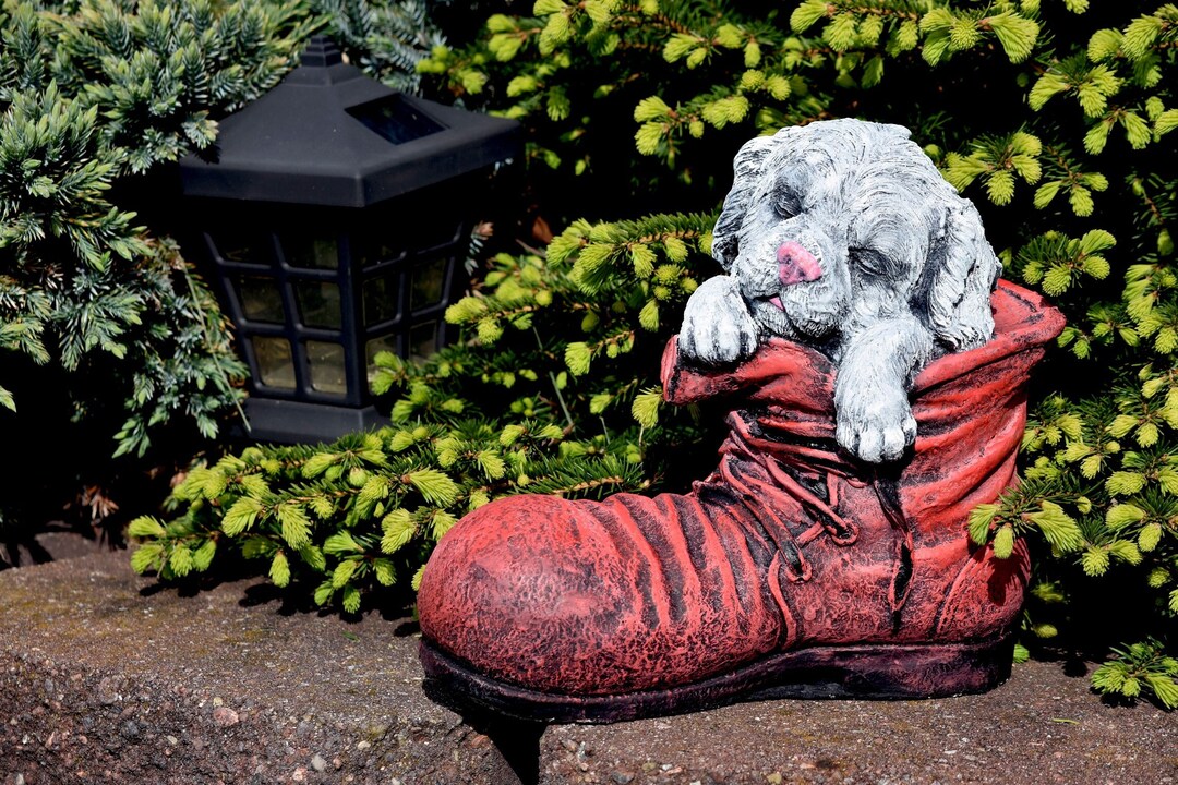 Shaggy Puppy in Red Boot Concrete Statue, Rustic Garden Dog Sculpture ...