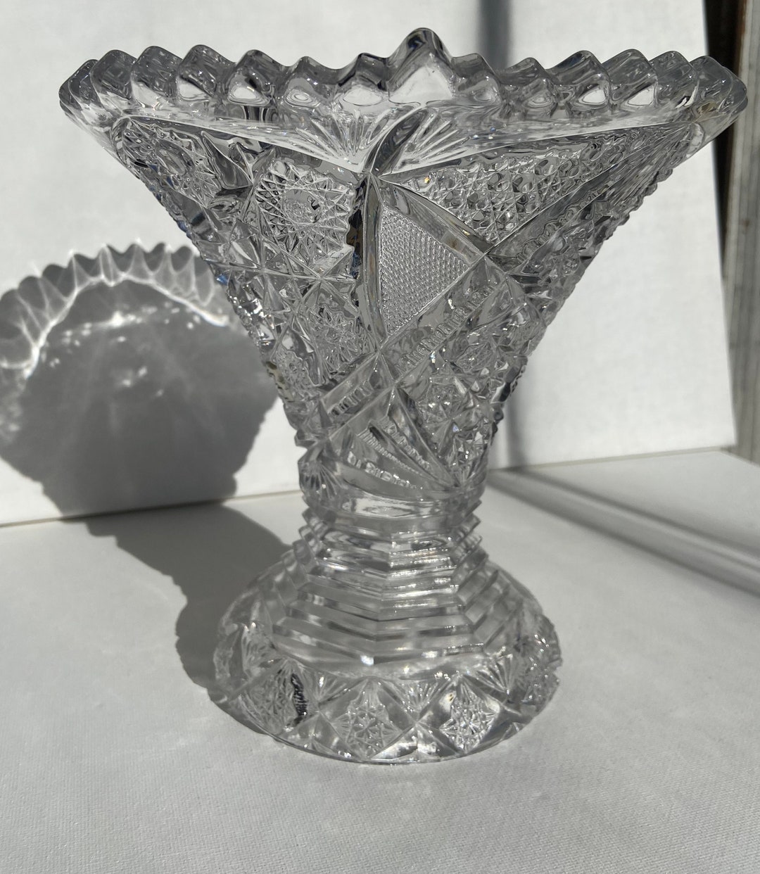 Large Pressed Glass Scallop Ruffle Rim Pedestal Base Bowl Vase - Etsy
