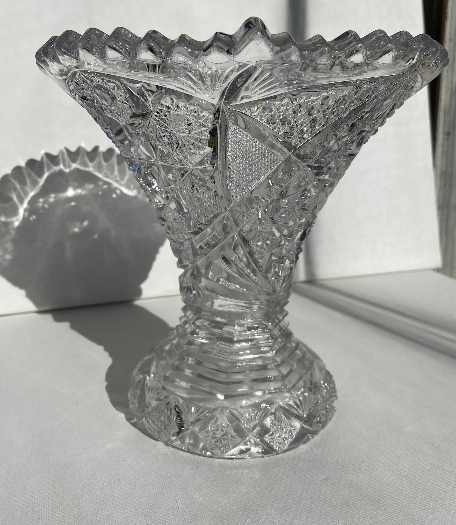 Large Pressed Glass Scallop Ruffle Rim Pedestal Base Bowl Vase - Etsy