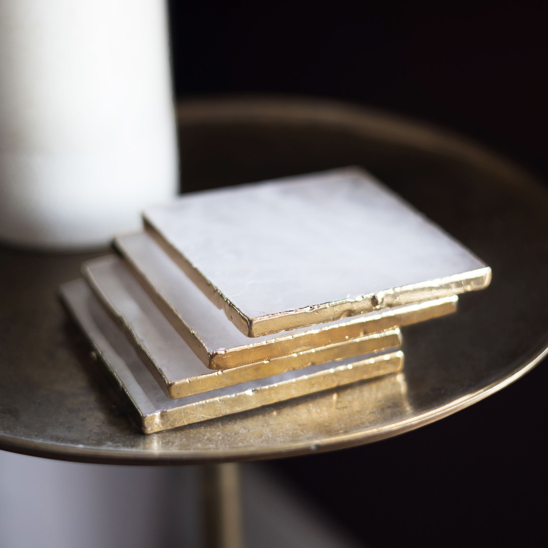 Clear Quartz Crystal Coaster Set: Gold Edge Stone Coasters - Etsy