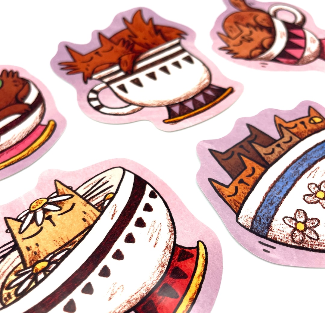 Teacup Cats Sticker Set, Five Small Cute Tea Lover Cat Stickers ...