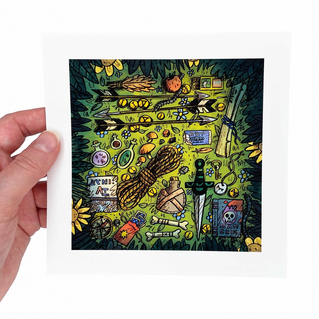 Fantasy Loot Art Print, RPG Adventure Kit Illustration, No AI - Hand ...