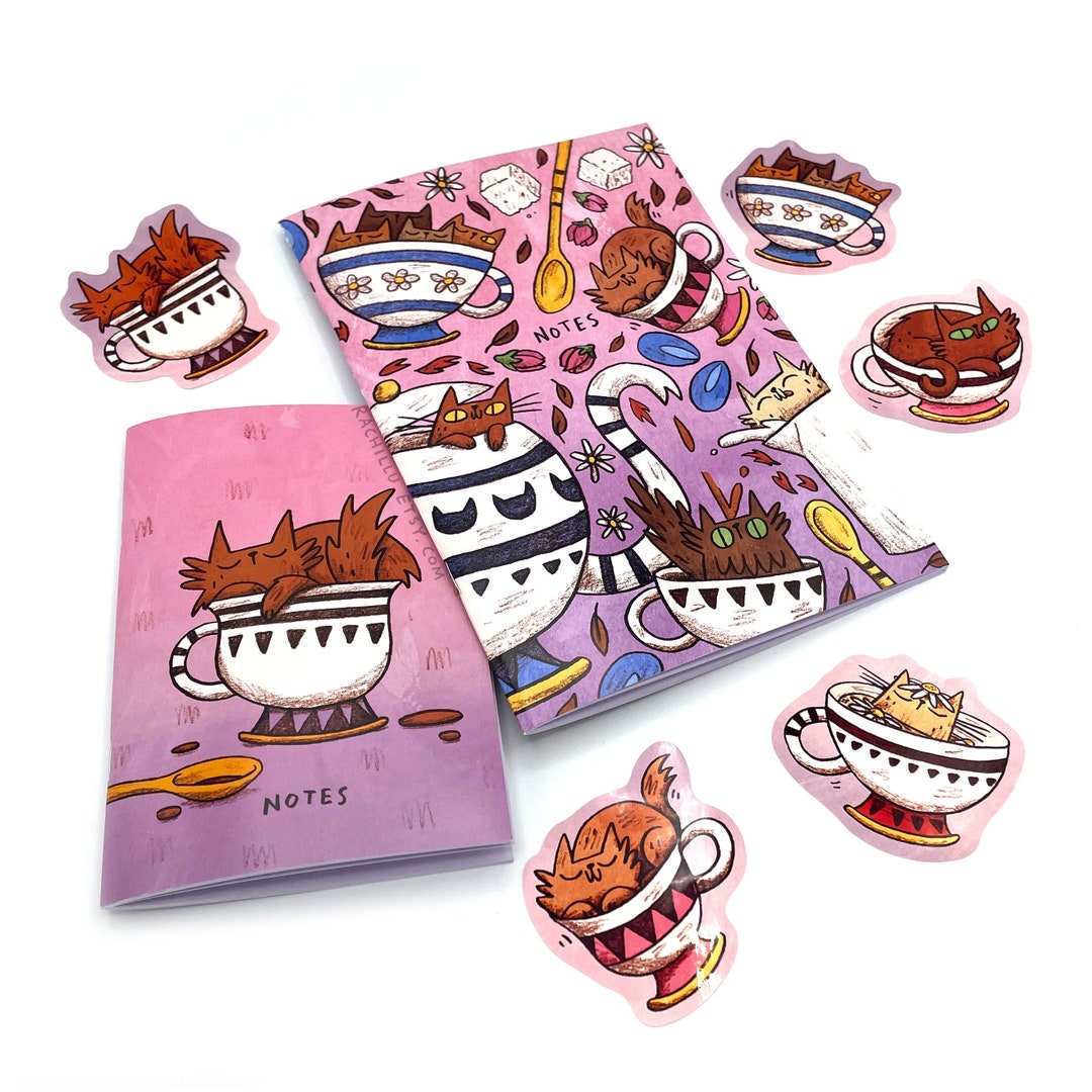 Cat Notebook Sticker Set Two Cute and Colourful Tea Lover Journals With ...