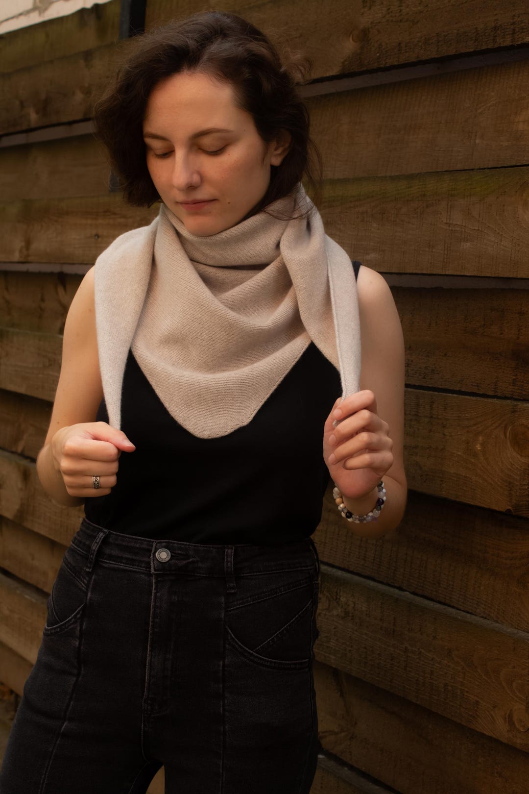 Merino Silk Cashmire Small Triangle Head Scarf, Light Gray Beige Rustic ...