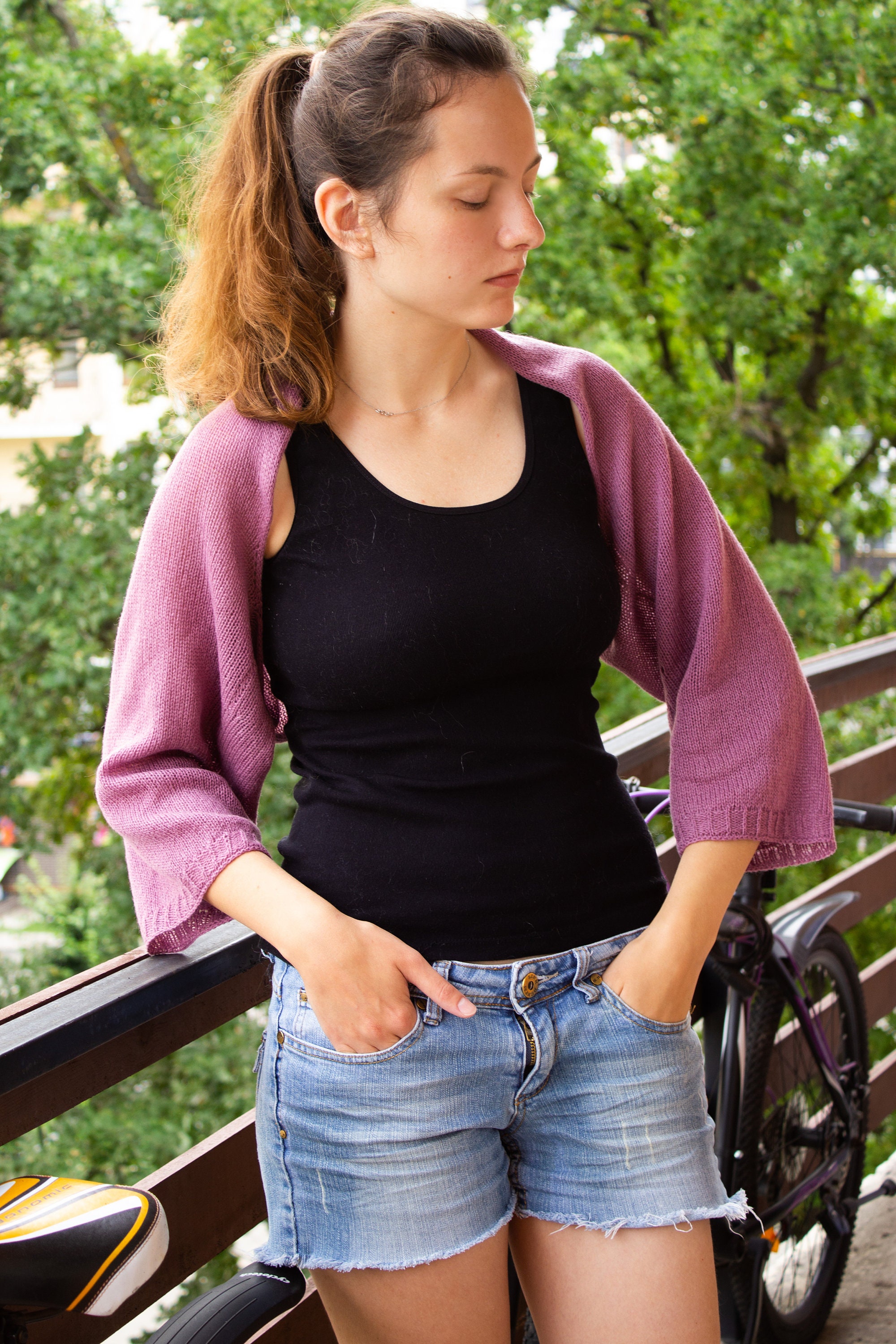 Mauve Merino Cashmere Bolero Shrug 3/4 Kimono Sleeved, Loose Knit ...