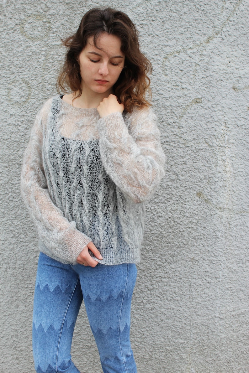 Oversized Cable Knit Fuzzy Mohair Sweater Pullover, Loose Knit Cropped Sweater Jumper, Long ...