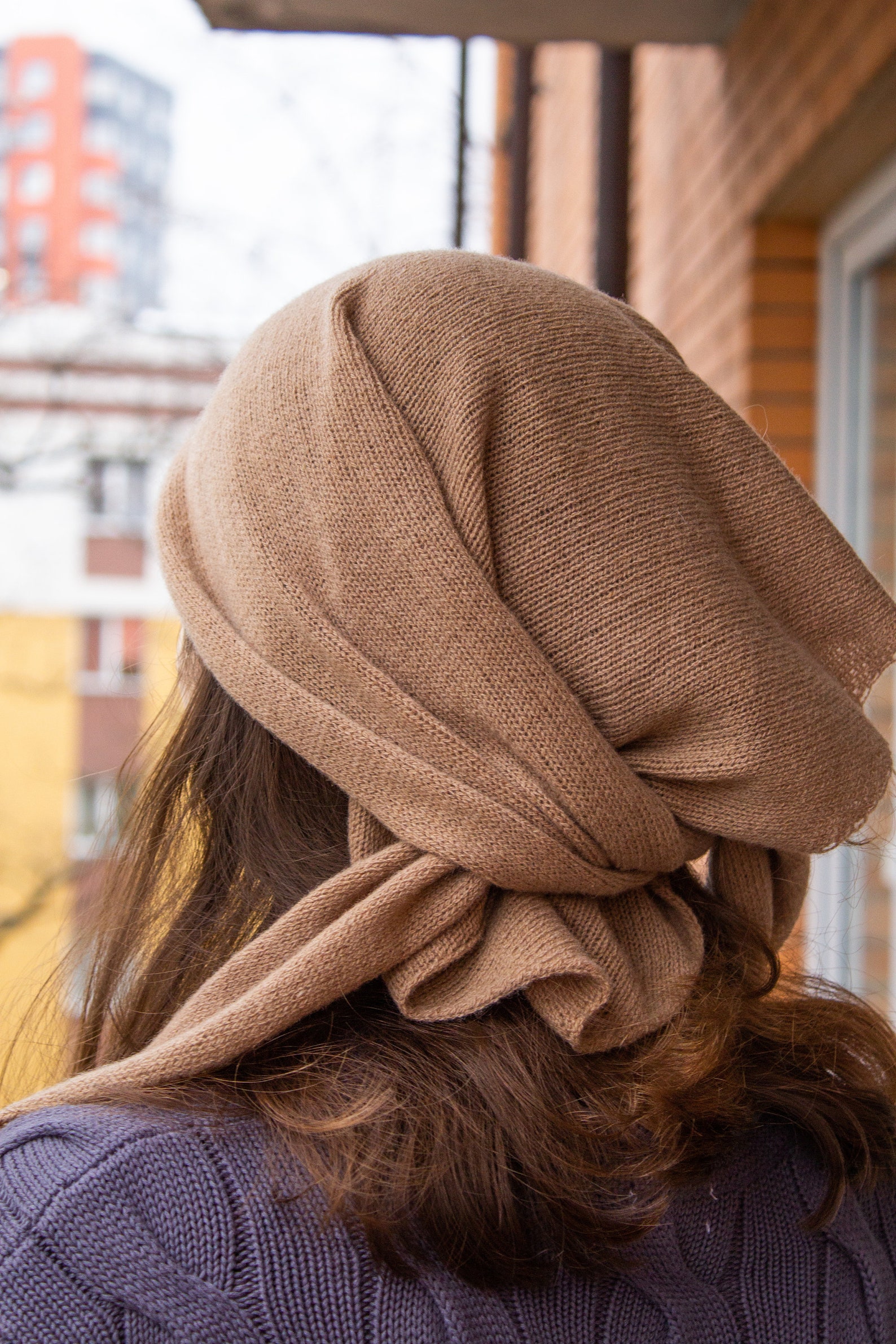 Camel Wool Rustic Kerchief Knitted Triangle Head Scarf - Etsy