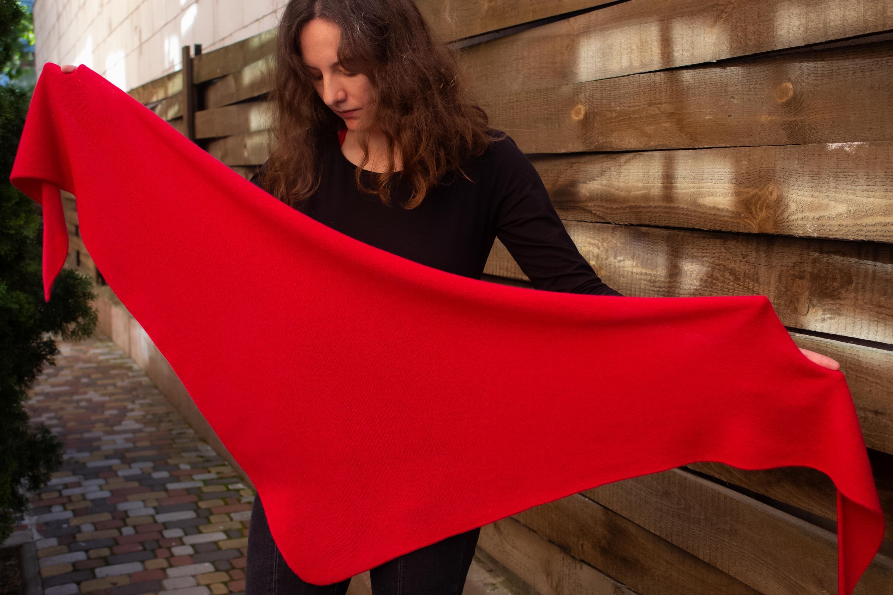 Cherry Red Merino Cashmere 10% Triangle Head Scarf, Trendy Boho Shawl ...