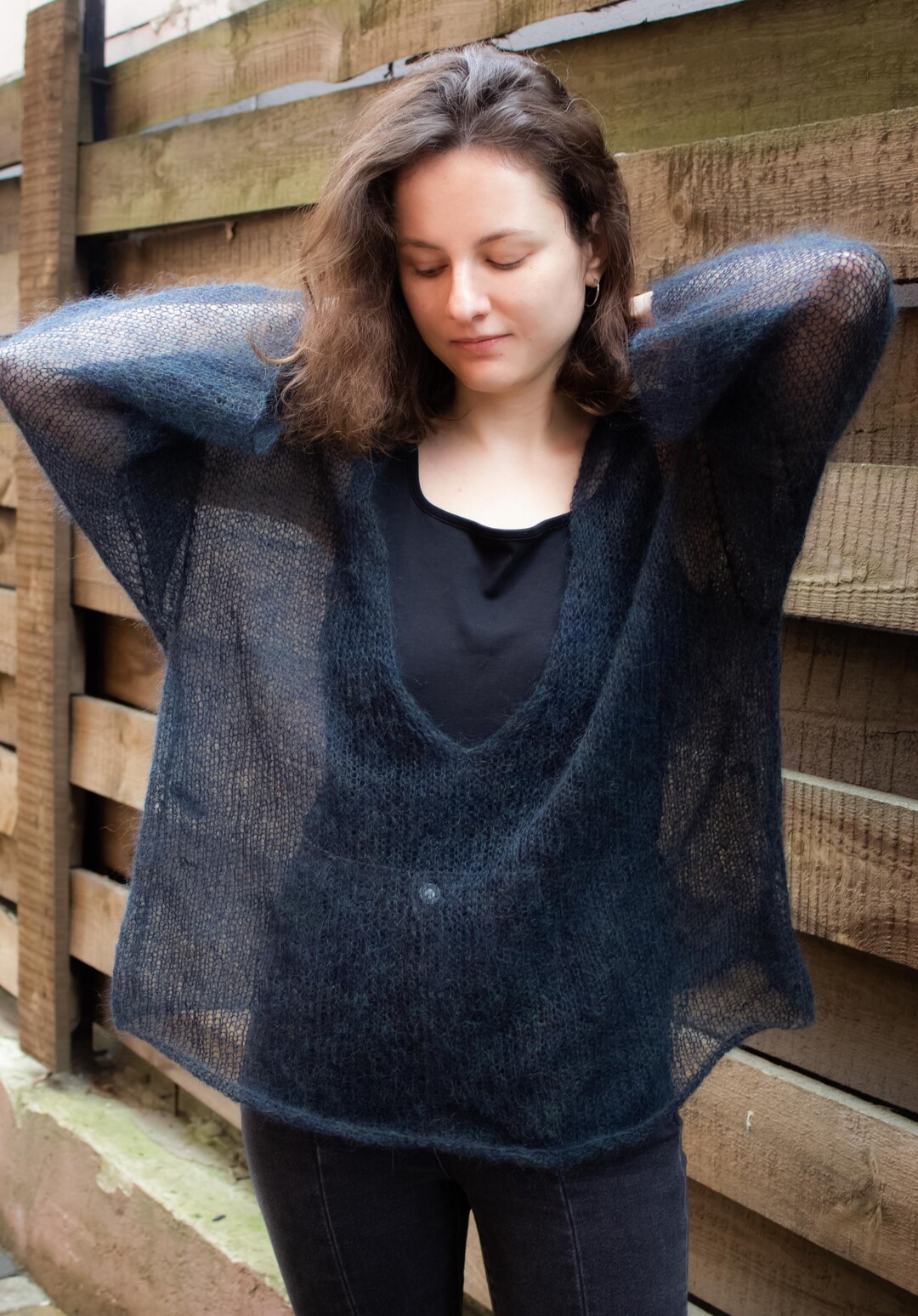 Oversize Sheer Mohair Short Sweater Dark Green Melange, Loose Knit Boho ...