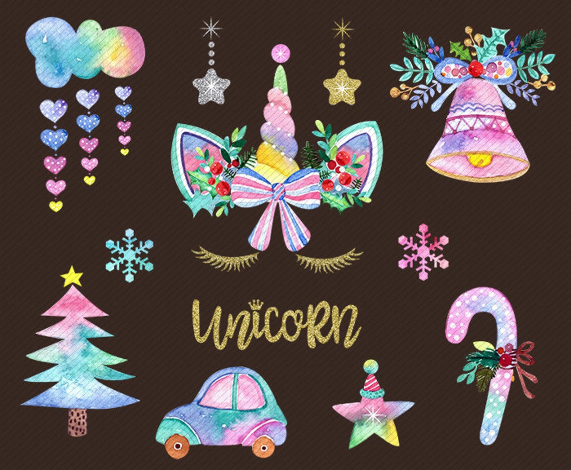 Watercolor Unicorn Clipart. Unicorn Printable. Christmas Party - Etsy