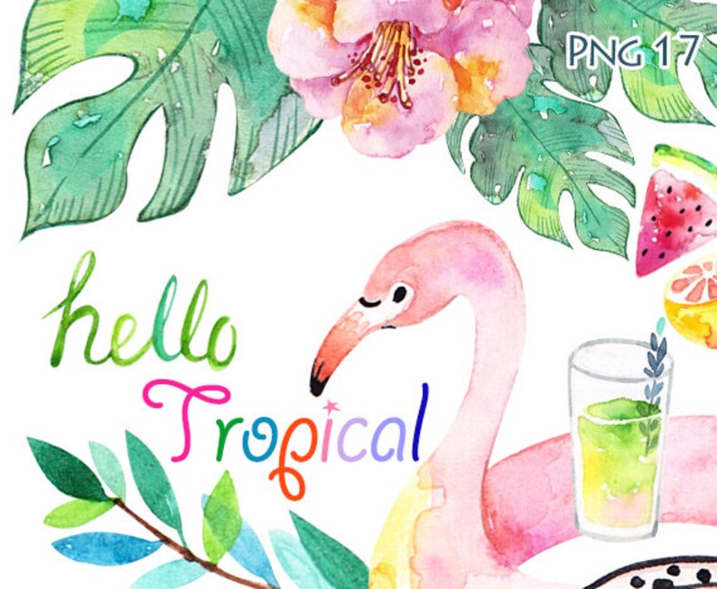 Watercolor Flower Clipart. Tropical Clip Art. Summer Clipart. Hand ...