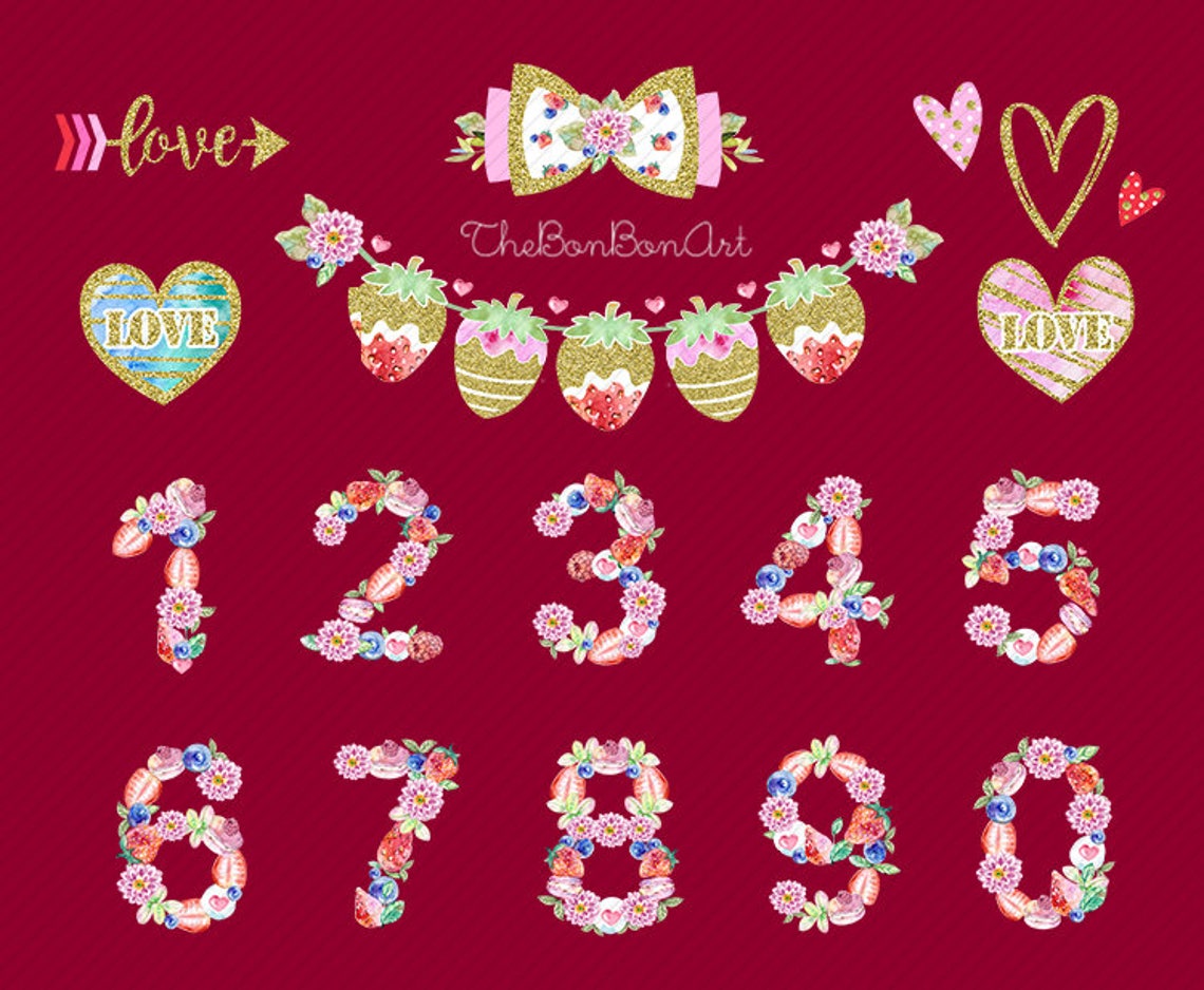 Number Clipart. Watercolor Strawberry Clipart.floral Numbers - Etsy