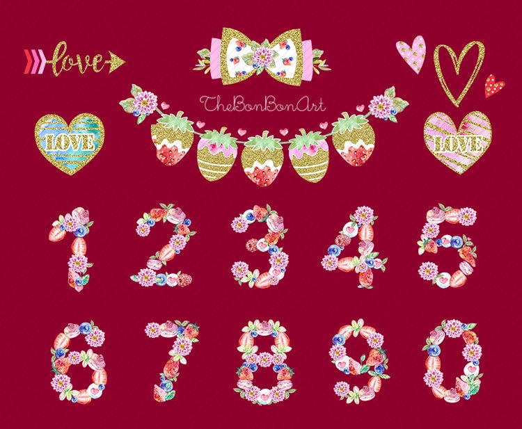 Number Clipart. Watercolor Strawberry Clipart.floral Numbers Printable ...