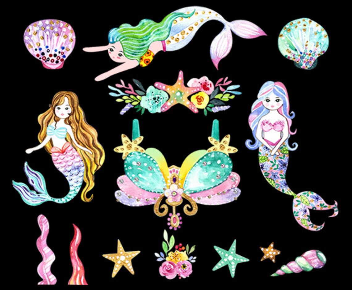 Watercolor Mermaid Clipart. Mermaid Printable. Baby Shower Kids Party ...