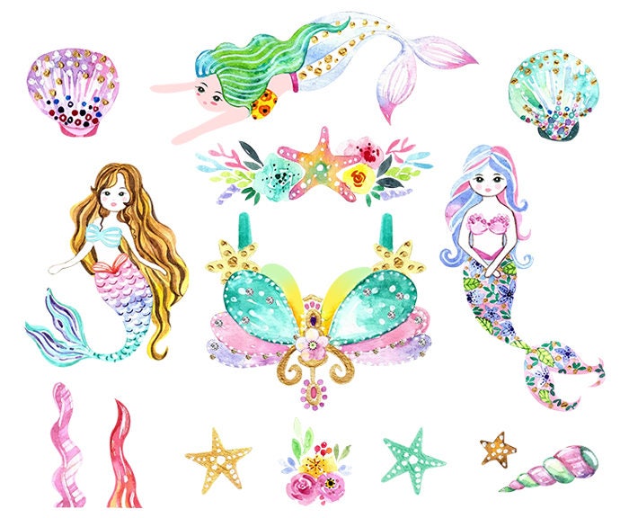 Watercolor Mermaid Clipart. Mermaid Printable. Baby Shower Kids Party ...