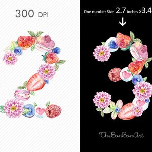 Number Clipart. Watercolor Strawberry Clipart.floral Numbers Printable ...